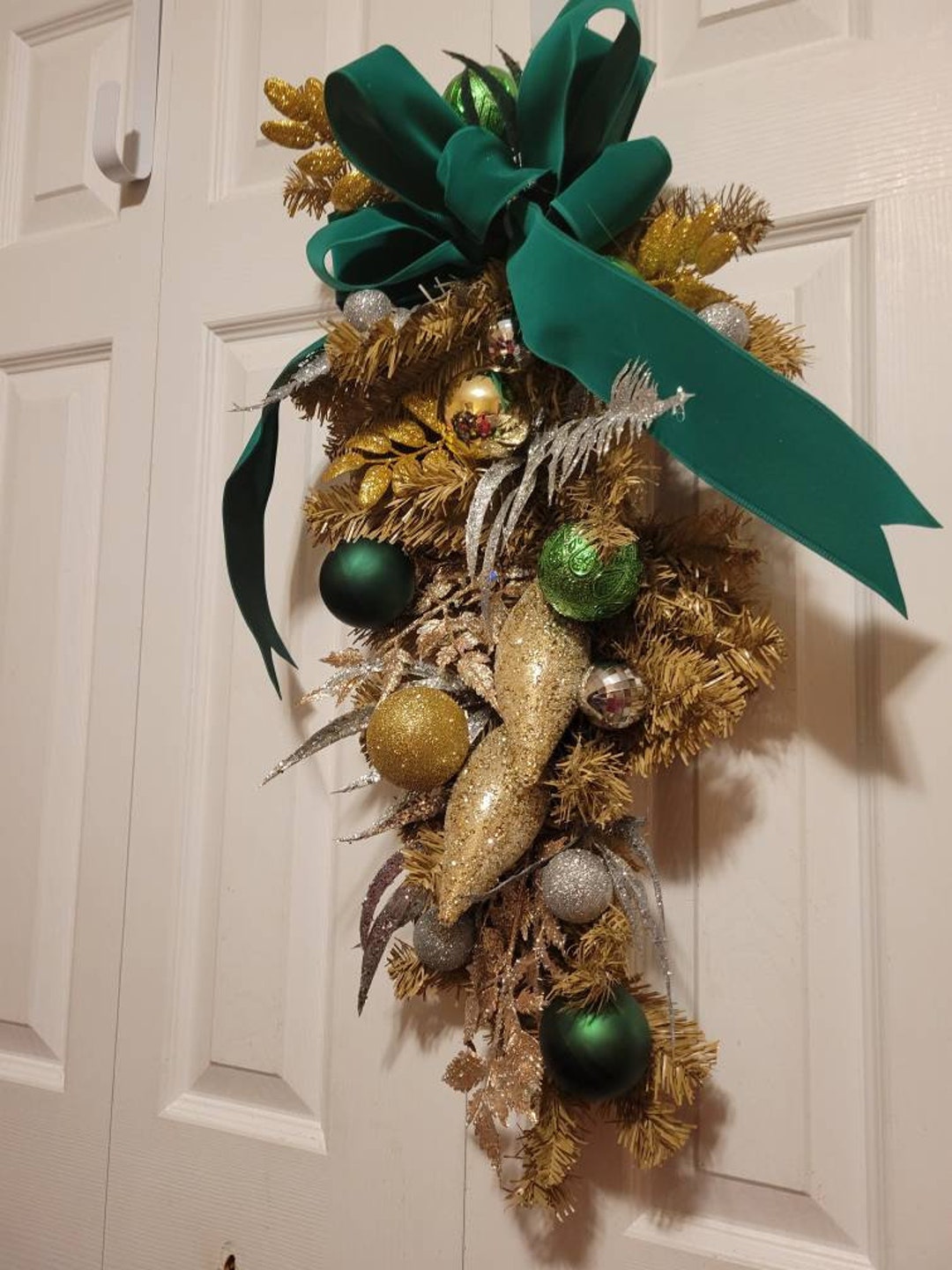 Emerald Green Gold and Silver Glam Swag Wreath for Front Door, Elegant ...