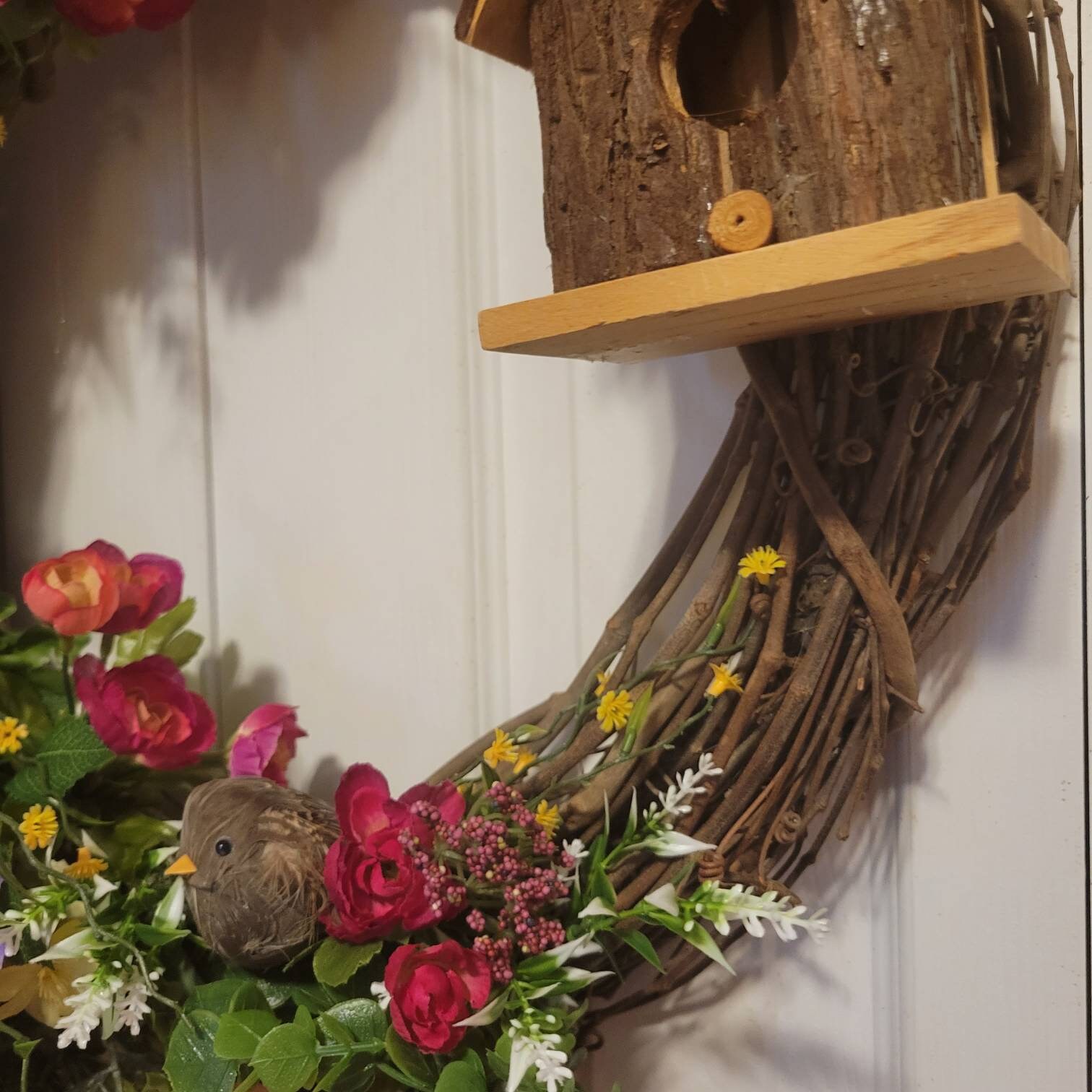 Rustic Birdhouse Wreath With Sparrows, Summer Wreath With Birdhouse ...