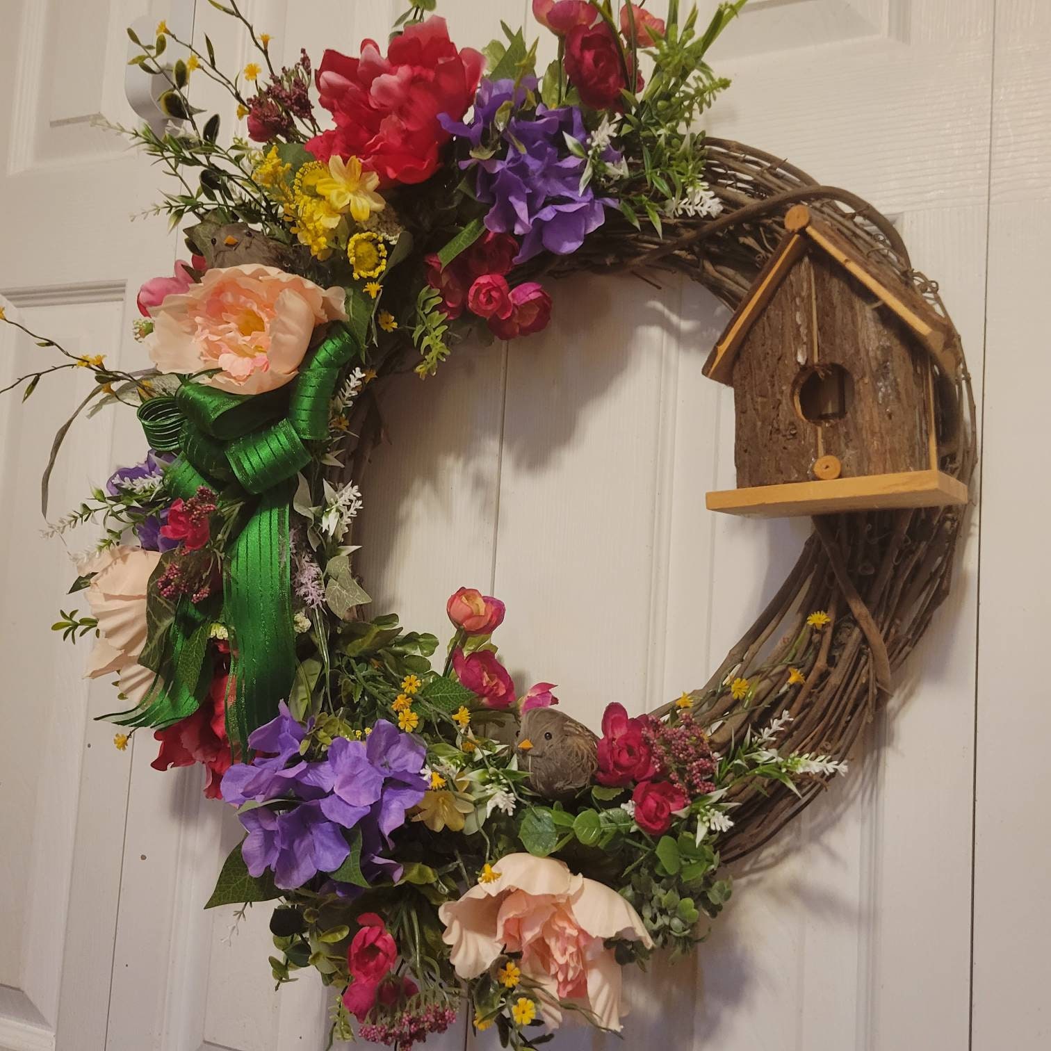 Rustic Birdhouse Wreath With Sparrows, Summer Wreath With Birdhouse ...
