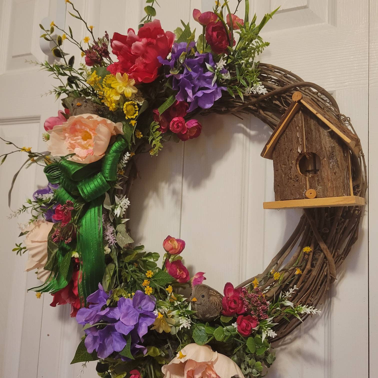 Rustic Birdhouse Wreath With Sparrows, Summer Wreath With Birdhouse ...