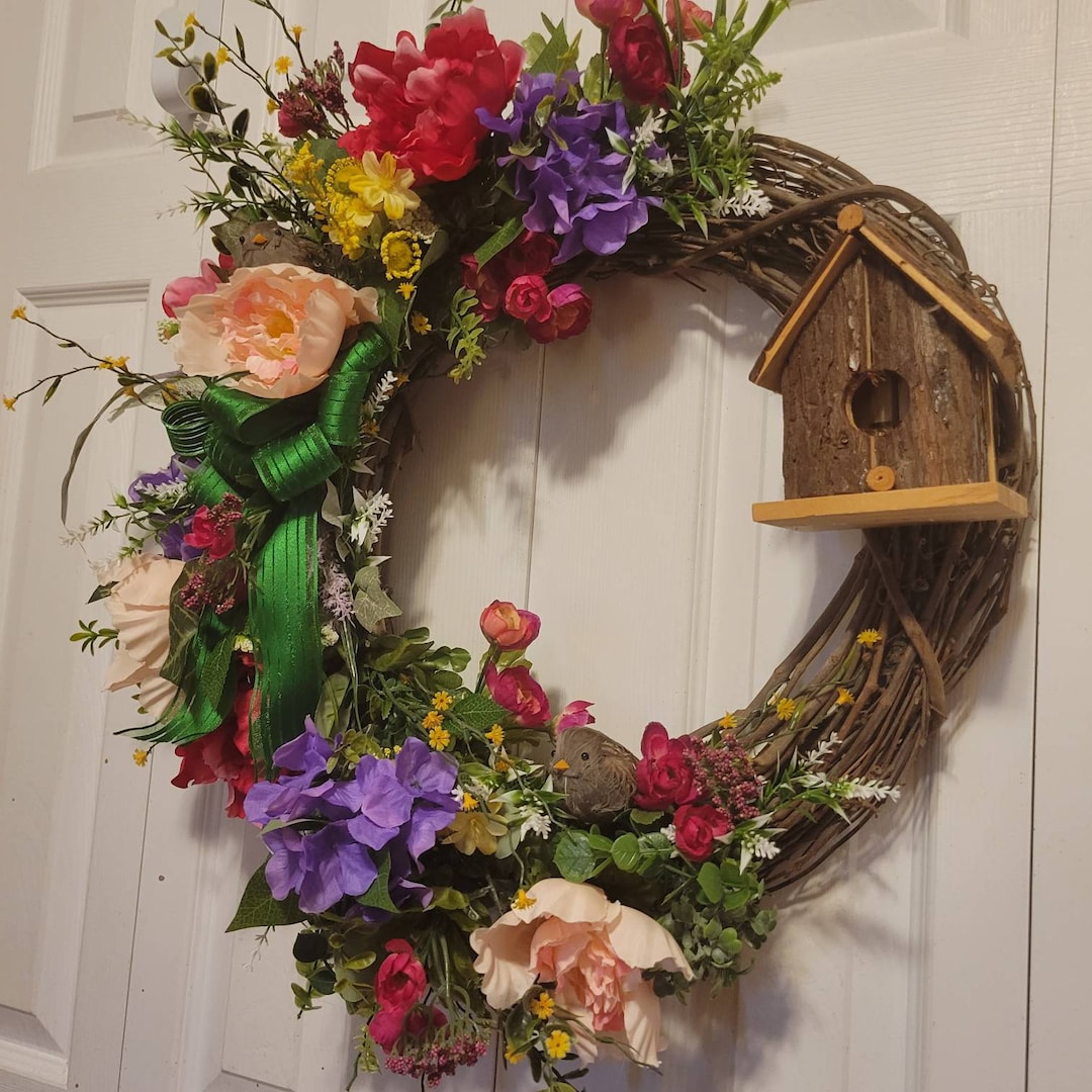 Rustic Birdhouse Wreath With Sparrows, Summer Wreath With Birdhouse ...