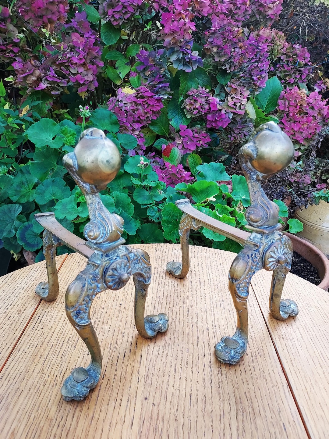 Pair of Antique Brass Fire Dog Irons. Decorative Ball & Claw Andirons ...