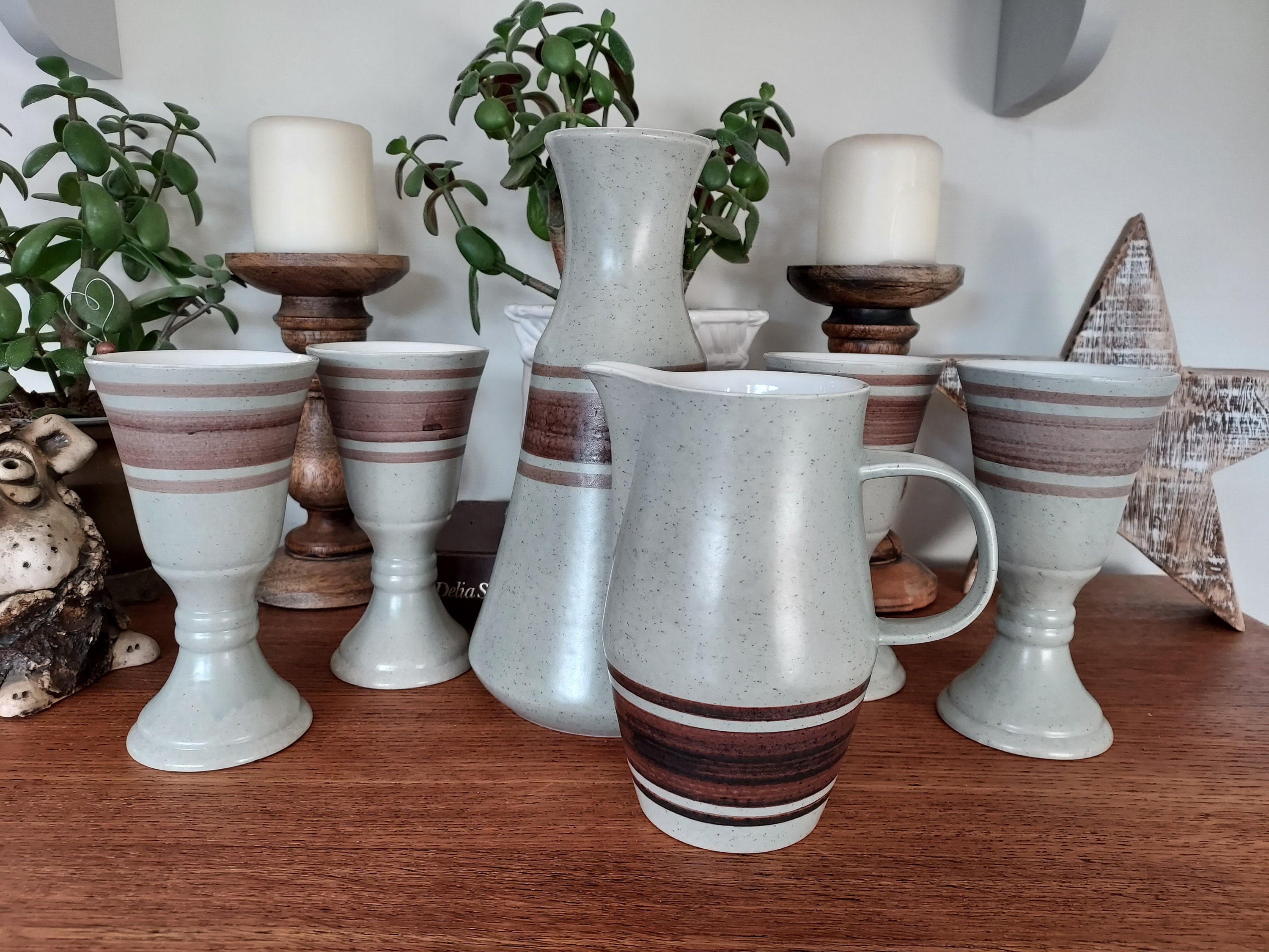 1970s Retro Pottery Carafe, Goblets, Jug. Rye Monastery Pottery. Cinque ...