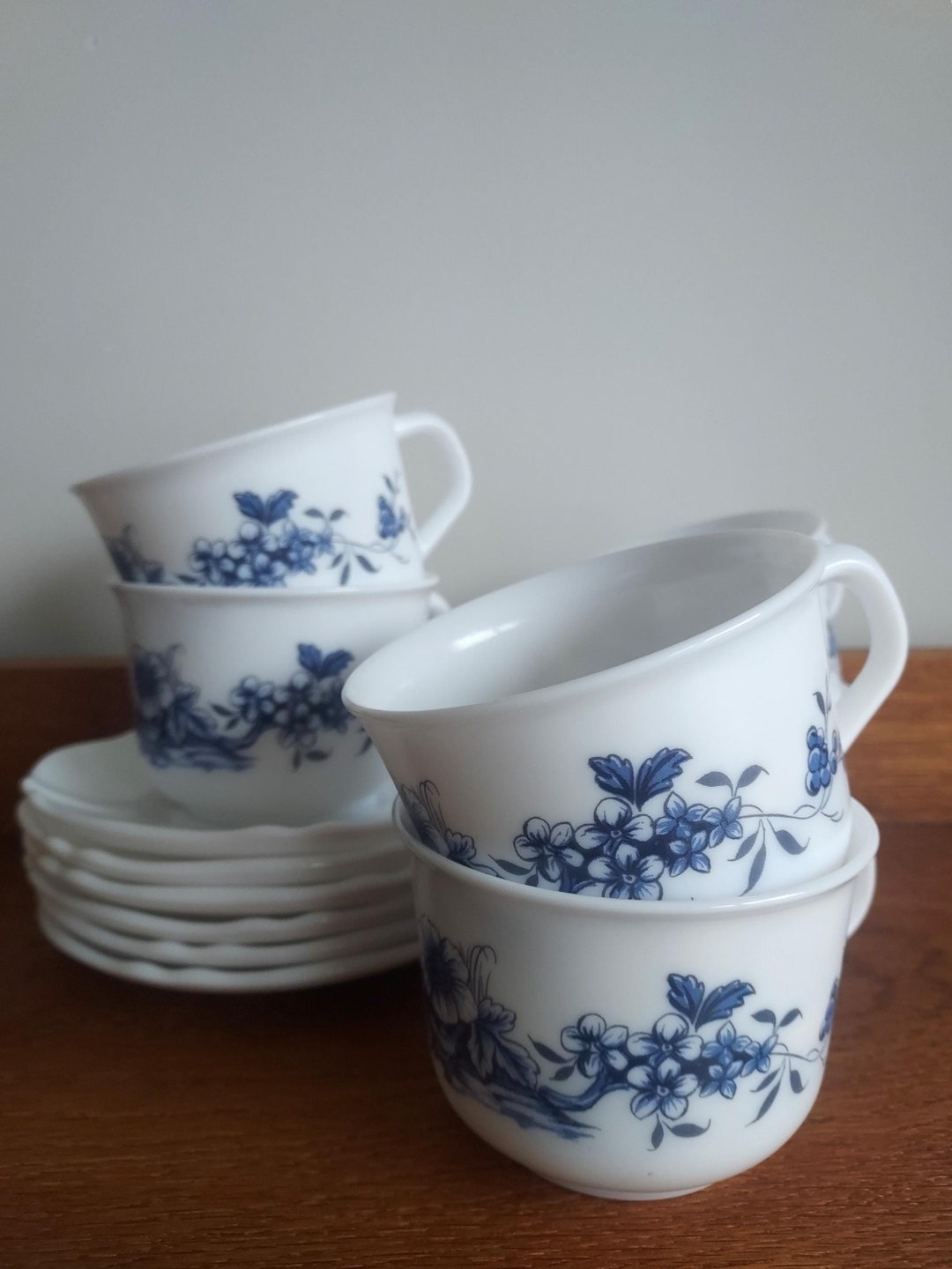 6 French Arcopal Cups & Saucers. Blue and White Aster Design. 12 Piece ...