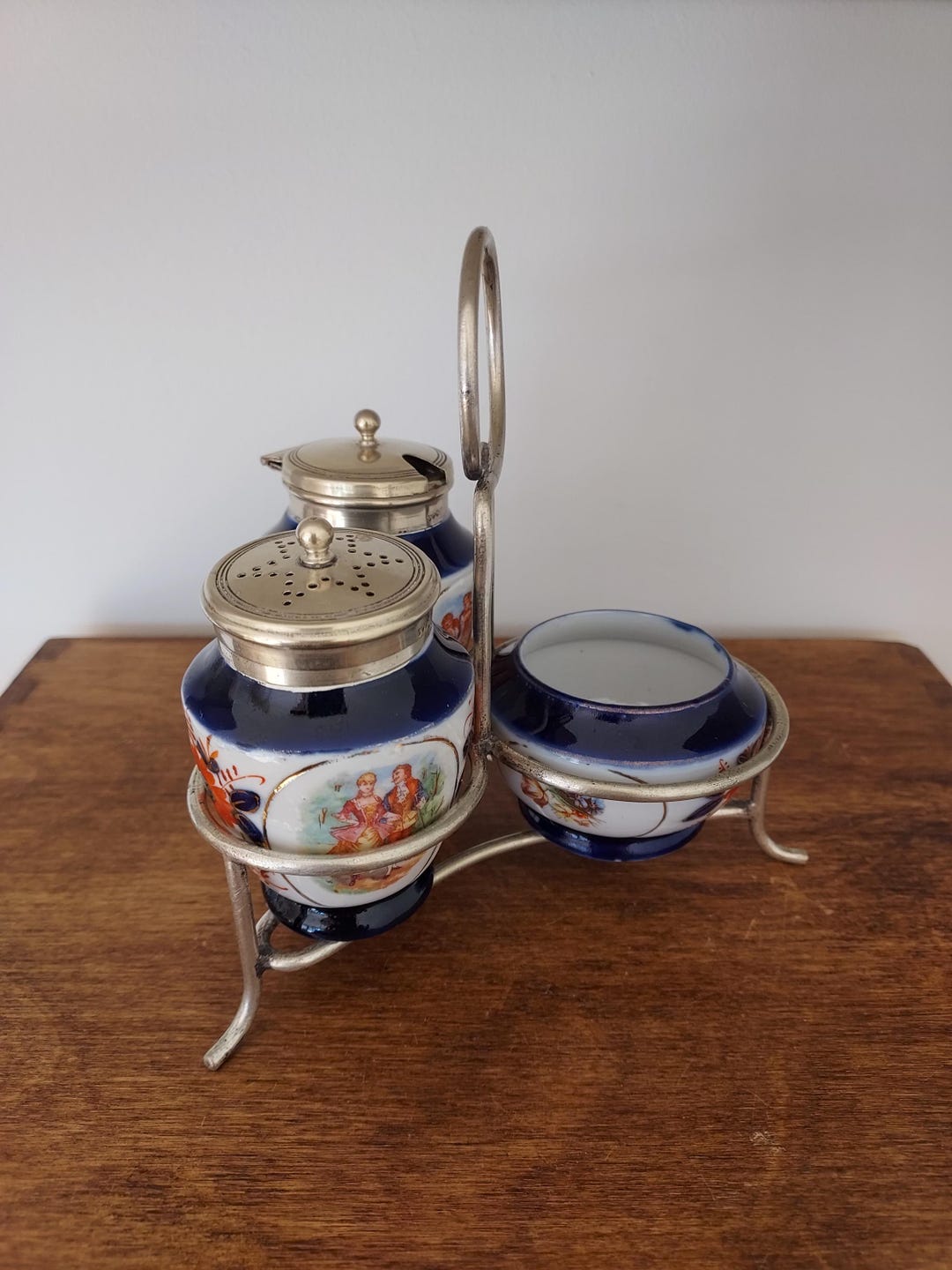 Vintage Cruet Set in EPNS Holder. 4 Piece Porcelain and Silver Plate ...