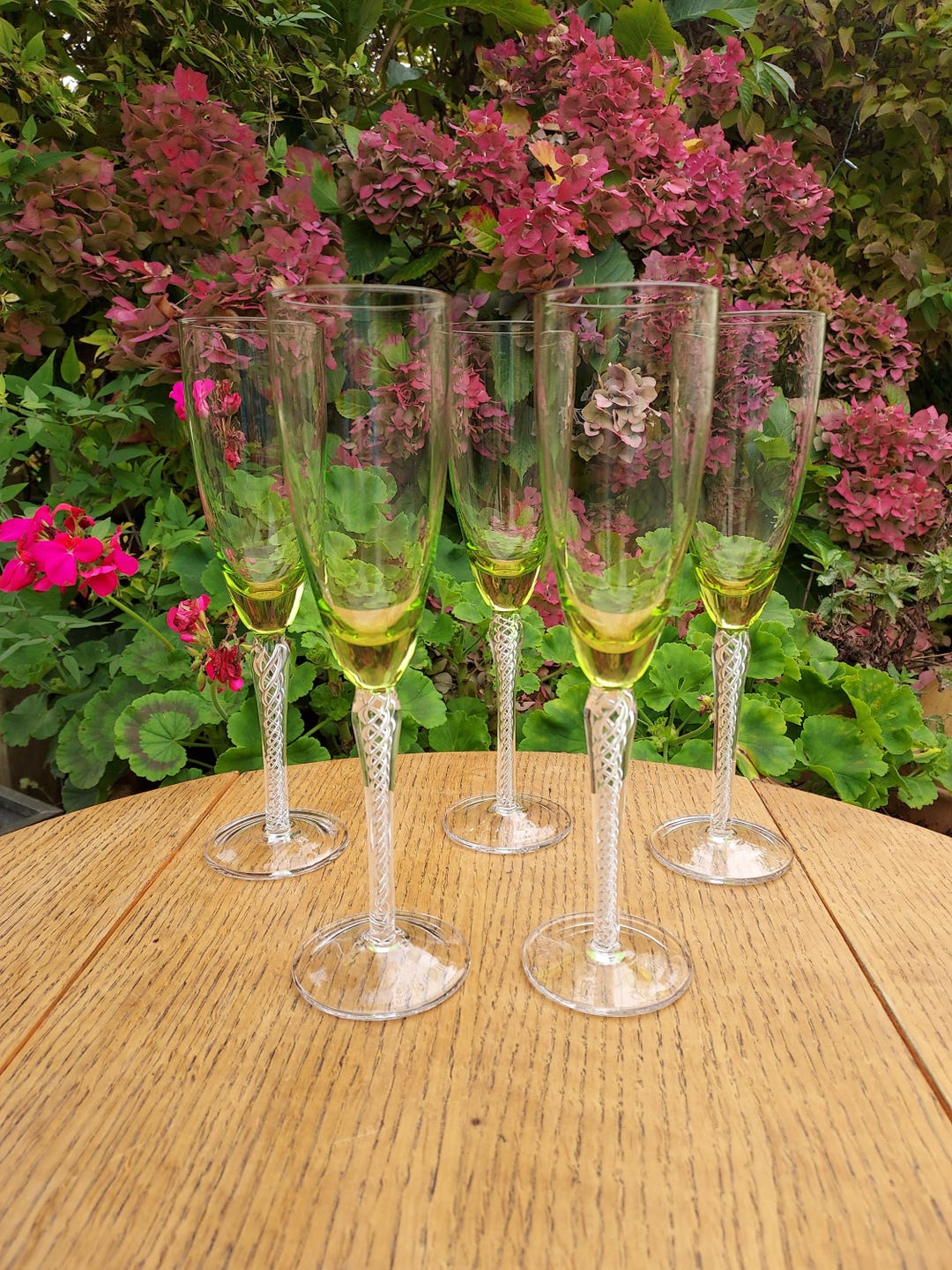 Stunning Set of 5 Green Champagne Flutes With Twist Inside the Stem ...