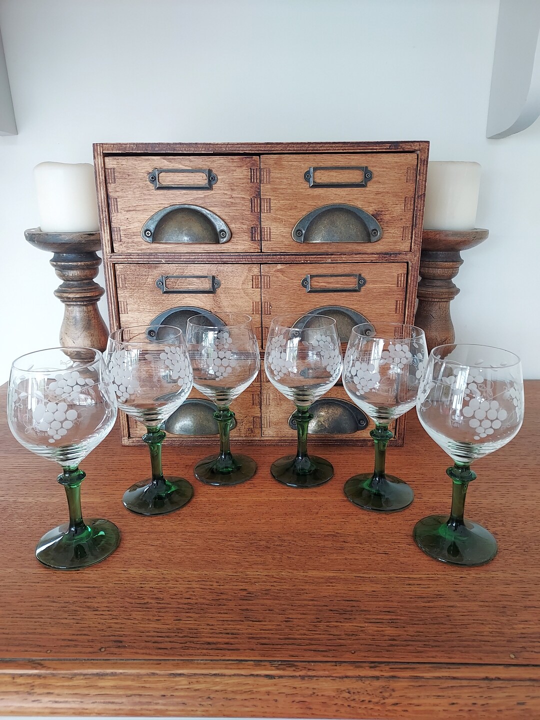 6 Beautiful Etched Wine Glasses. Stunning Green Stems. Grape Etched ...