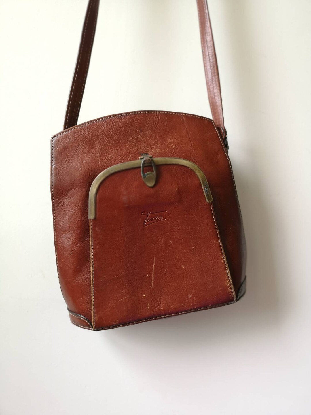 Vintage Texier Brown Leather & Brass Crossbody Bucket Bag Designer ...
