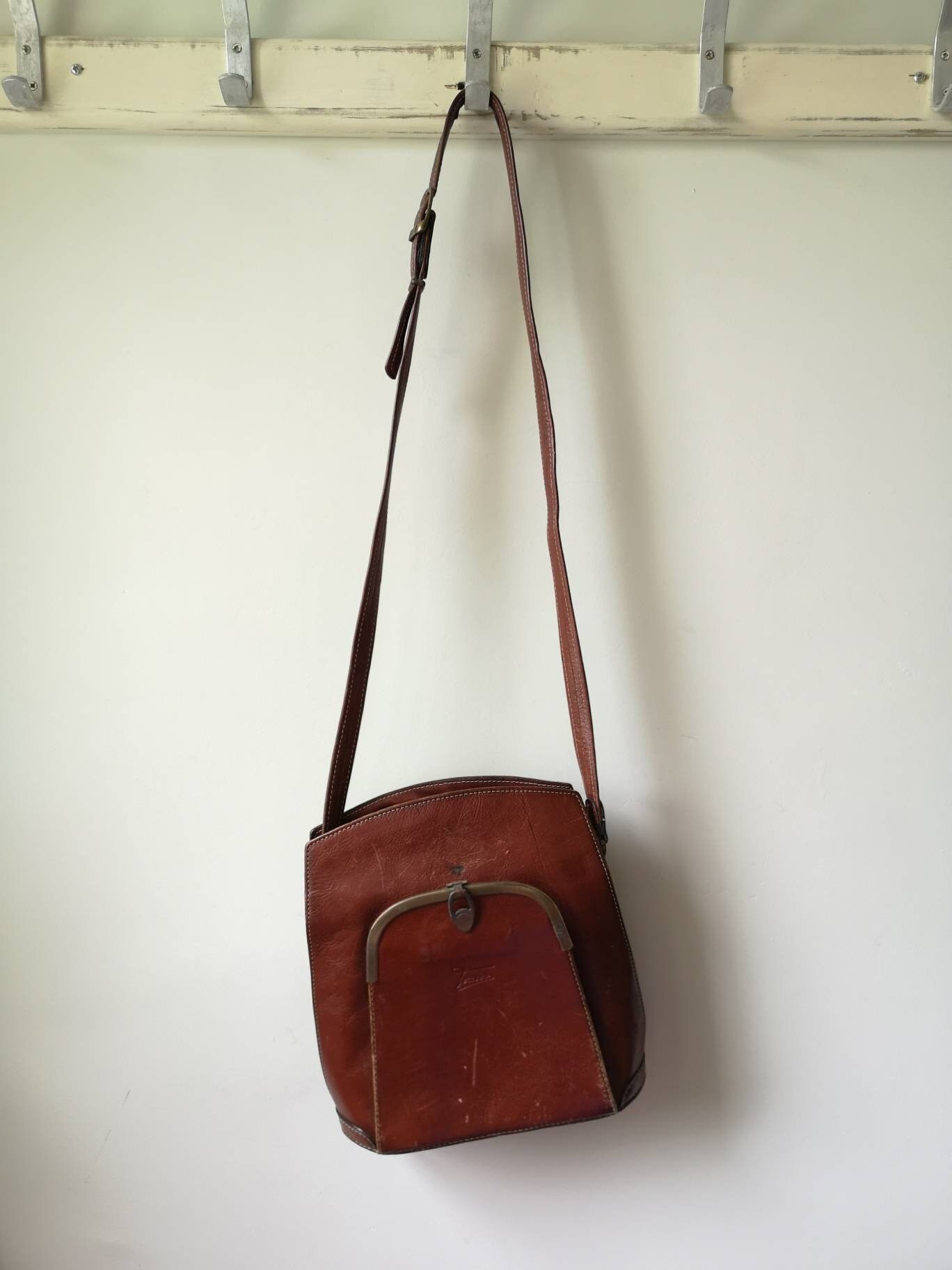 Vintage Texier Brown Leather & Brass Crossbody Bucket Bag Designer ...