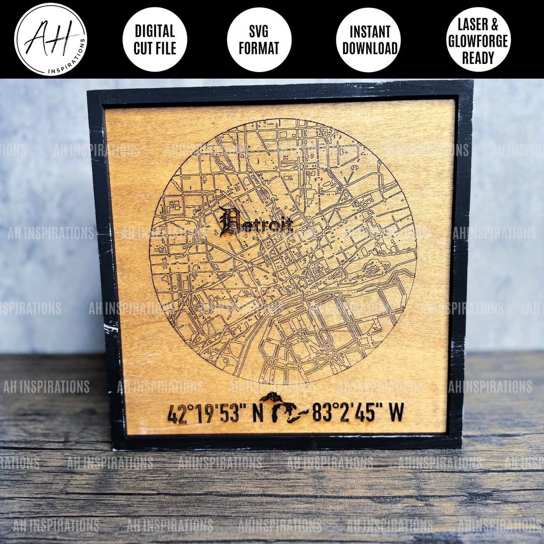 Detroit Map Frame Michigan Road Sign Glowforge City Laser SVG Pure ...