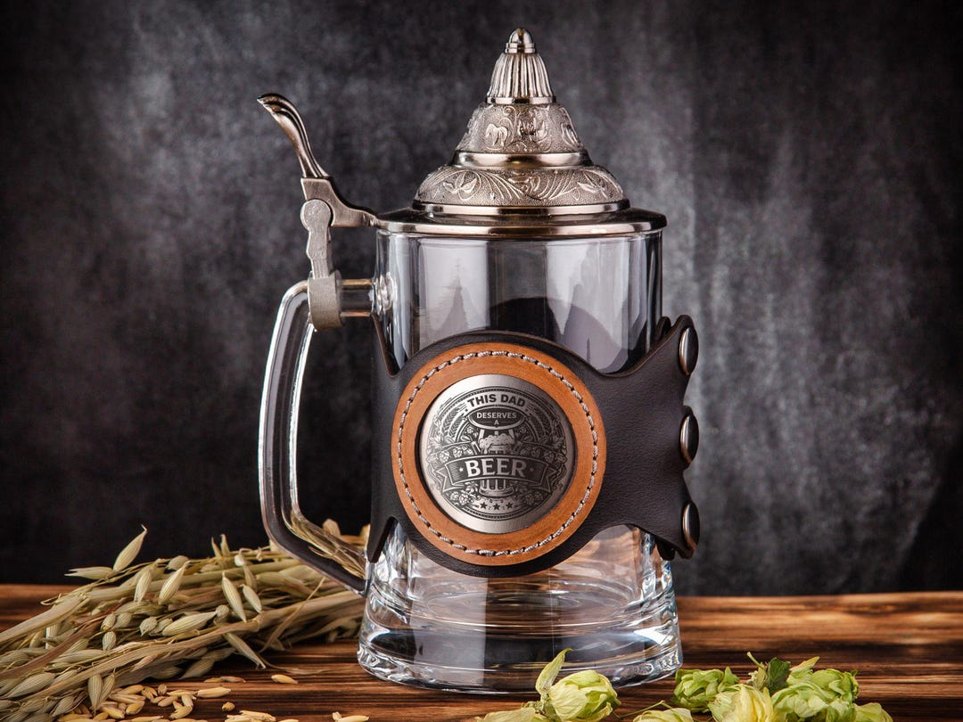 This Dad Deserves a Beer, Custom Engraved Glass Beer Stein With Lid ...