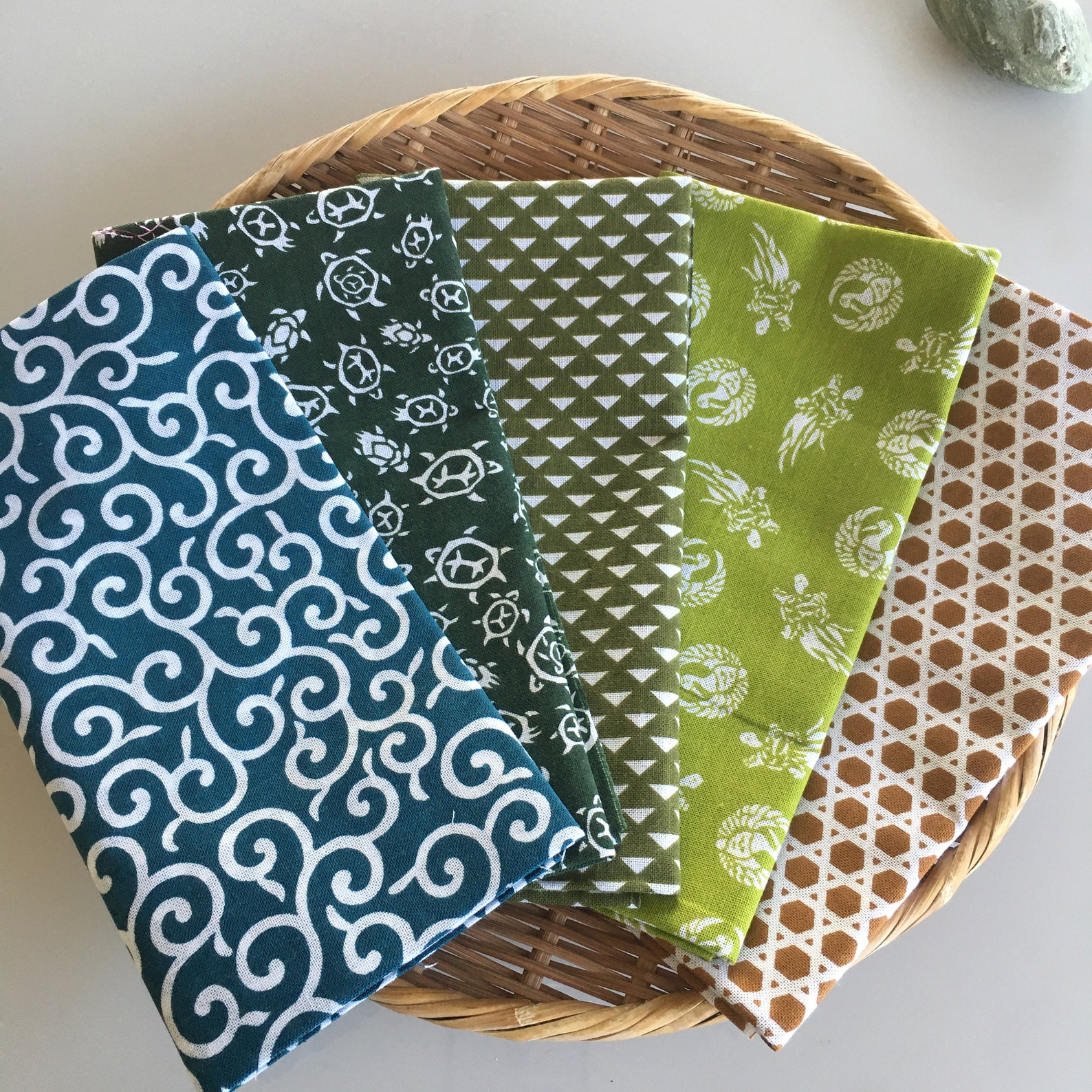 Japanese Tenugui Towel Set of 5 Traditional Pattern Green Set /cotton ...