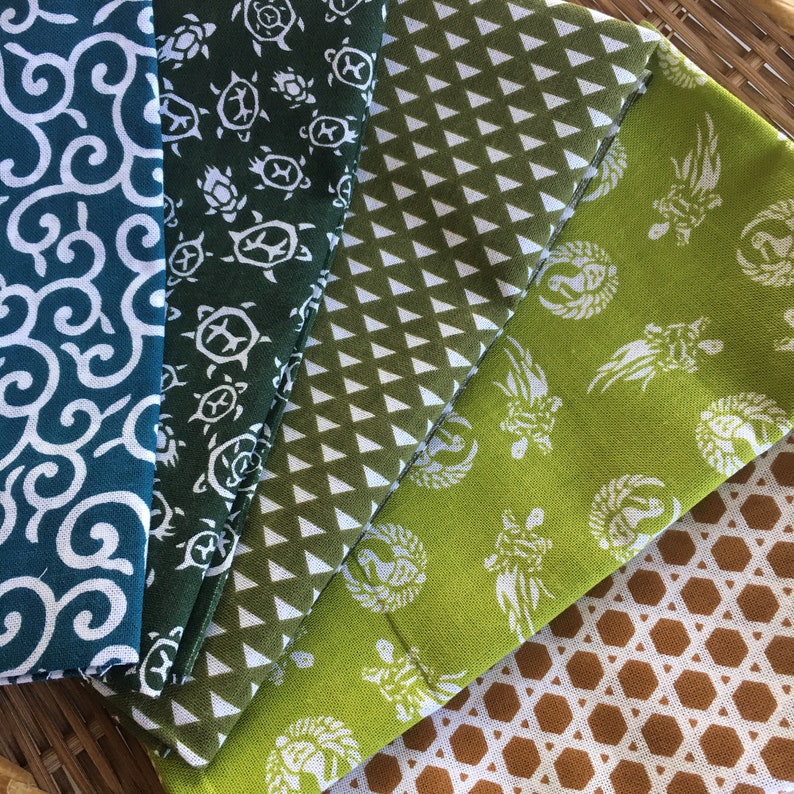 Japanese Tenugui Towel Set of 5 Traditional Pattern Green Set /cotton ...