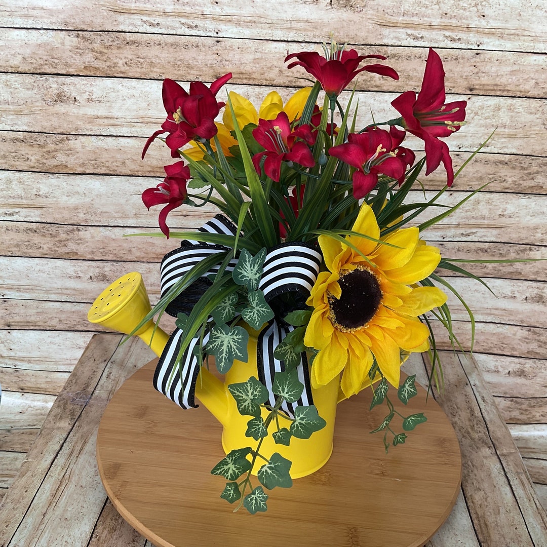 Yellow Water Pitcher Container Arrangement With Flowers Patio Garden ...