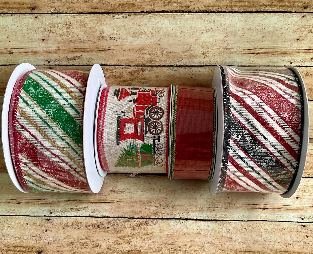 Vintage Stripes and Train Ribbon, Christmas Ribbon Bundle, Farmhouse ...