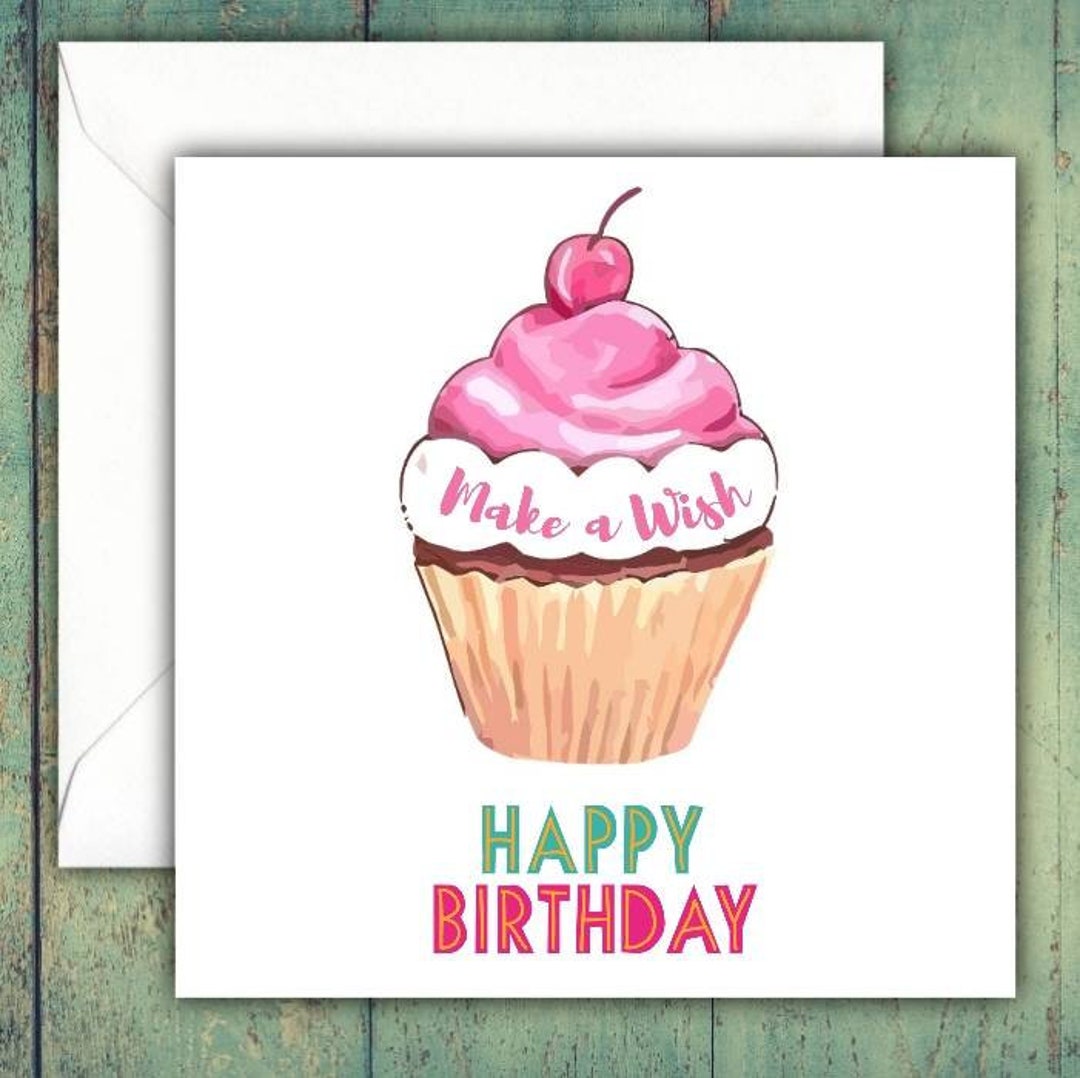 Happy Birthday Greeting Card, Make a Wish, Cupcake - Etsy Australia