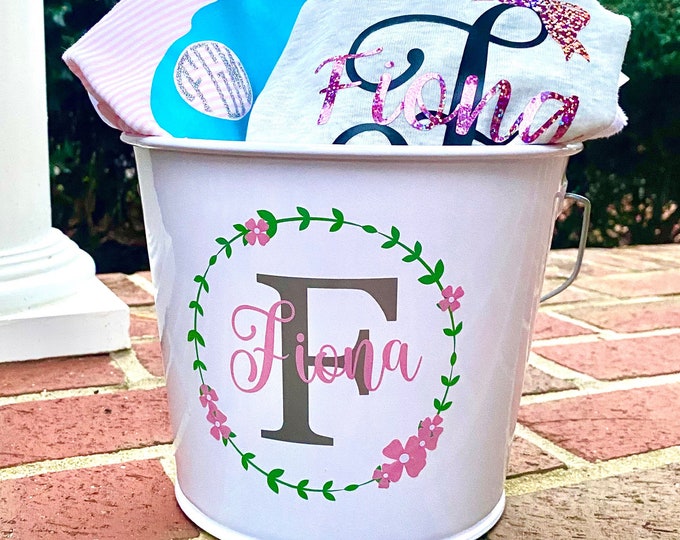 Monogram Baby Gift Basket Bucket, Personalized Birthday Basket, Baby ...