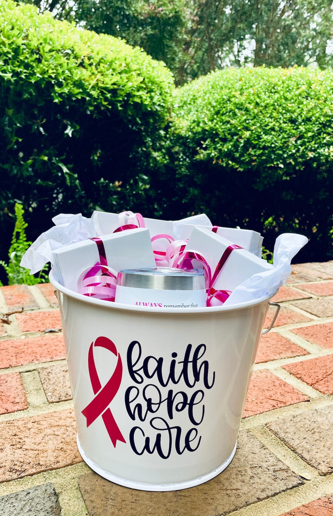 Breast Cancer Awareness Gift Basket, Fight Hope Cure Pink Ribbon Bucket ...