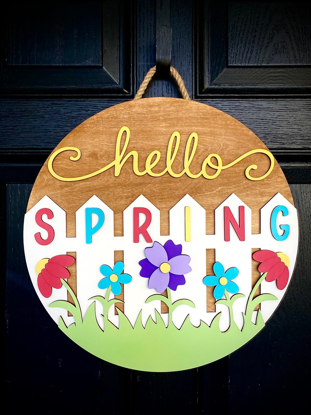 Hello Spring Front Door Hanger, Flowers and Fence Sign, Entry Way ...