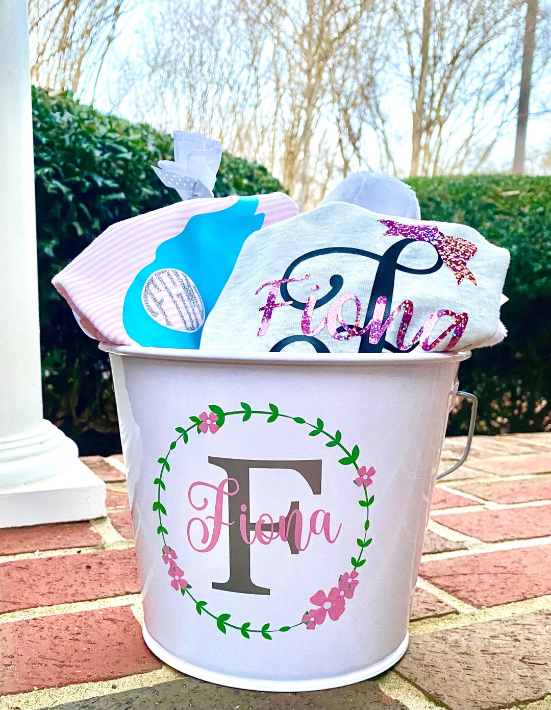 Monogram Baby Gift Basket Bucket, Personalized Birthday Basket, Baby ...