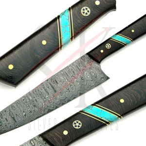 Damascus Steel Kitchen Chef Knife Custom Handmade Wenge Wood and Turquoise Handle 92 - Etsy