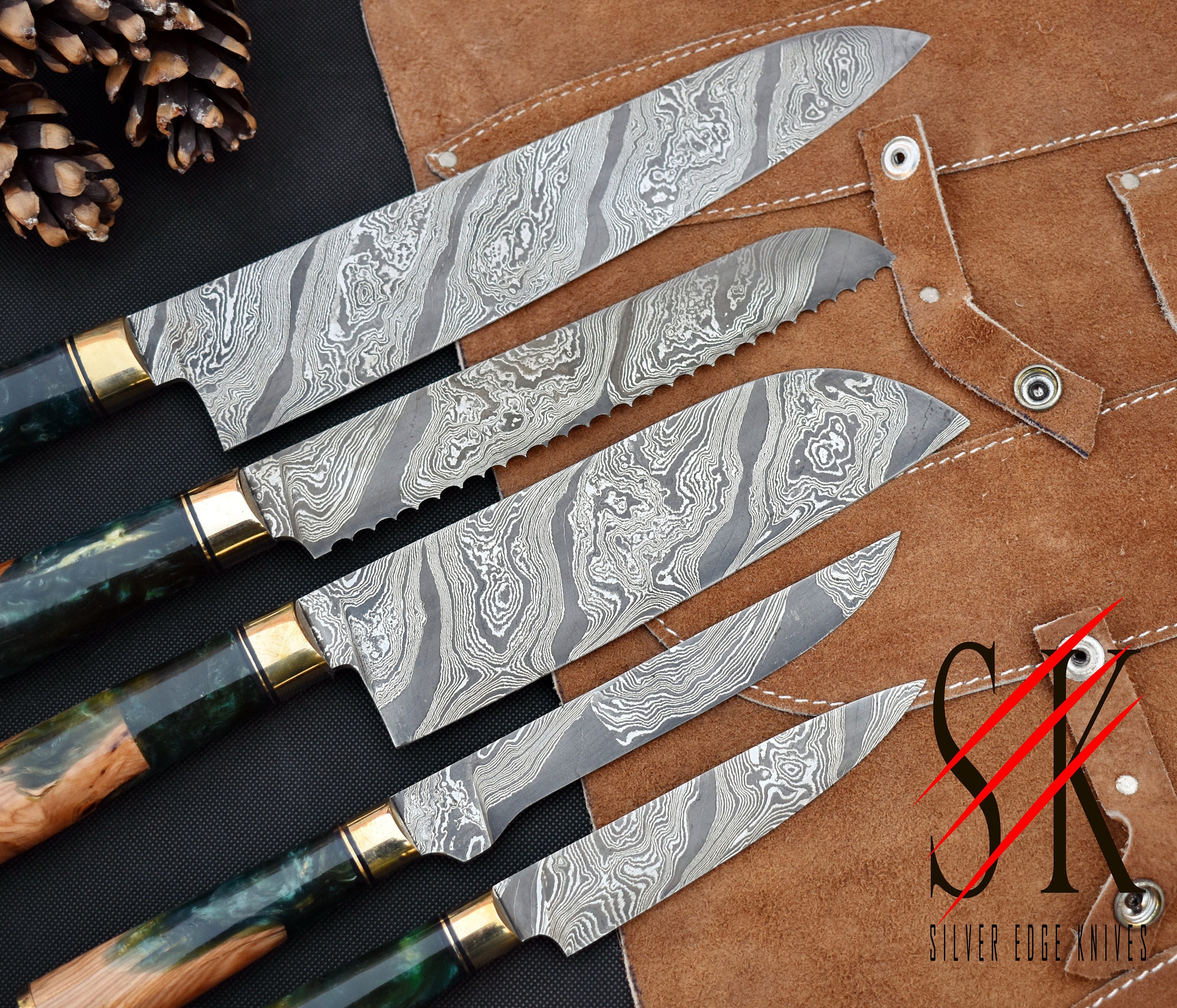Damascus Steel Kitchen Knives Set of 5 Custom Handmade Gift - Etsy