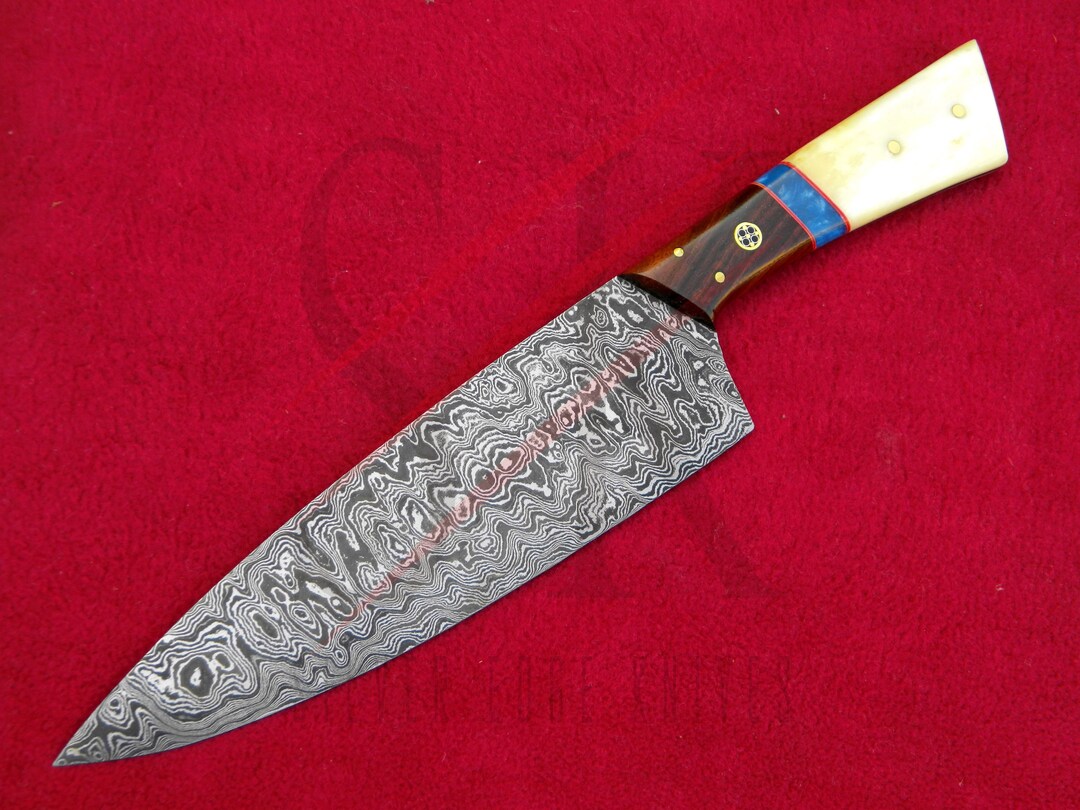Damascus Steel Chef Knife Kitchen Knife Custom Handmade Rose Wood and Bone Handle 74 - Etsy