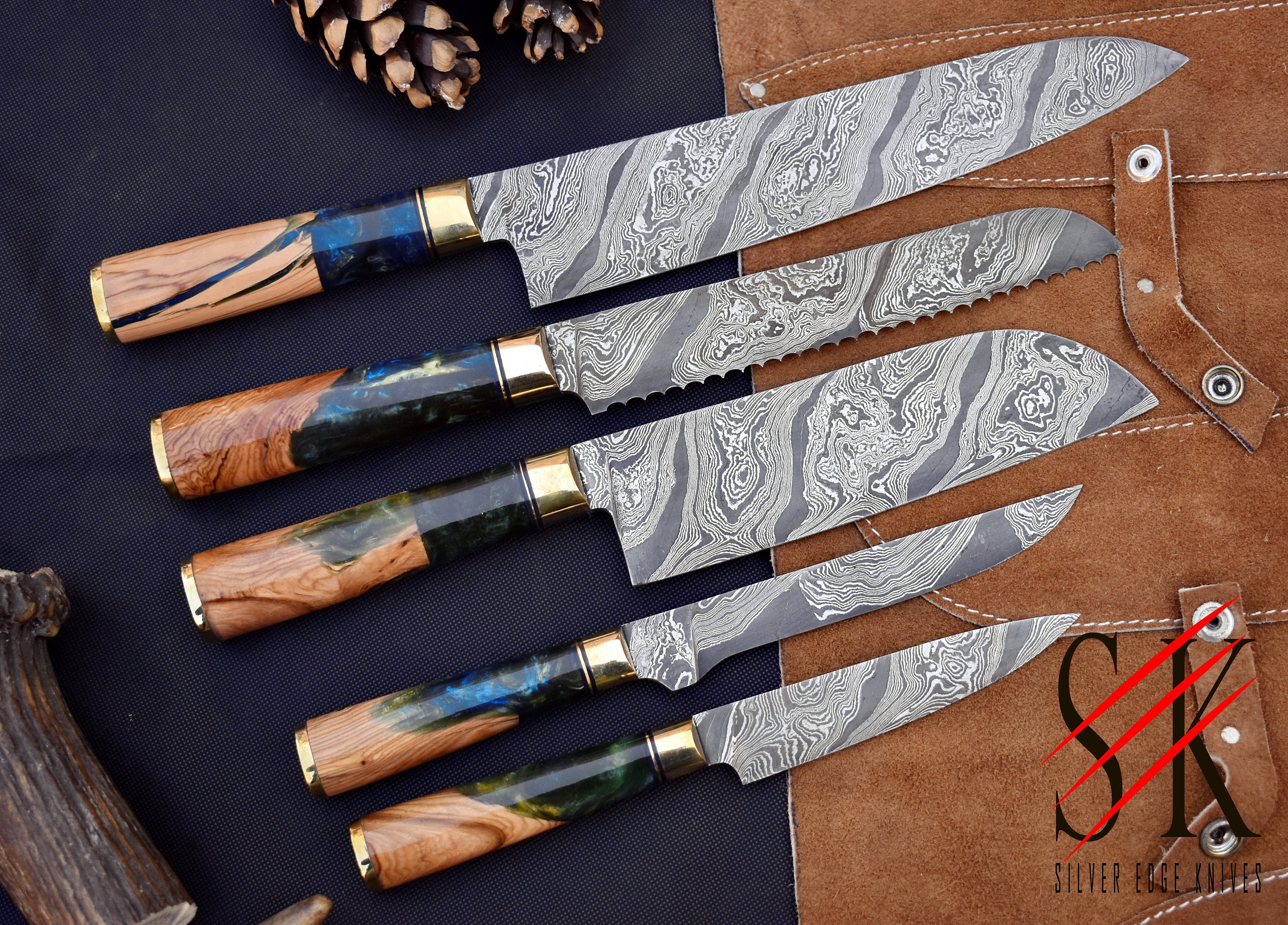 Damascus Steel Kitchen Knives Set of 5 Custom Handmade Gift - Etsy