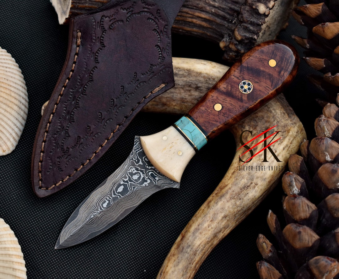 Damascus Steel Custom Made Oyster Shucker Knife Rosewood, Bone and Turquoise Handle With Leather ...
