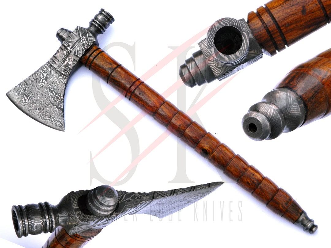 Damascus Steel Axe / Hatched Custom Hand Forged Smoking Pipe Tomahawk ...