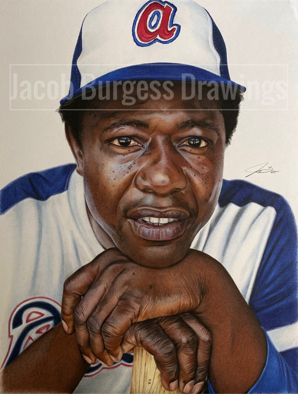 Hank Aaron Colored Pencil Drawing Throwback Uniform Lithograph Print #d ...