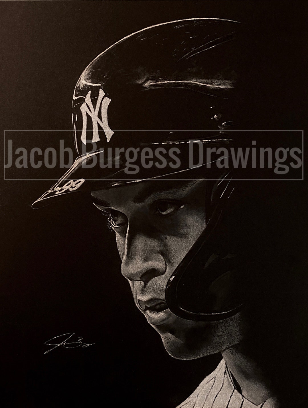 Aaron Judge White Charcoal on Black Paper Drawing Limited Edition Print ...