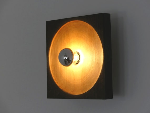 Natural and black square wall light in natural wood and burnt | Etsy