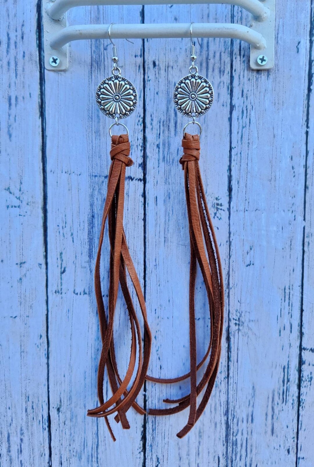 Western Concho Long Leather Fringe Earrings, Soft Brown Leather Tassel ...
