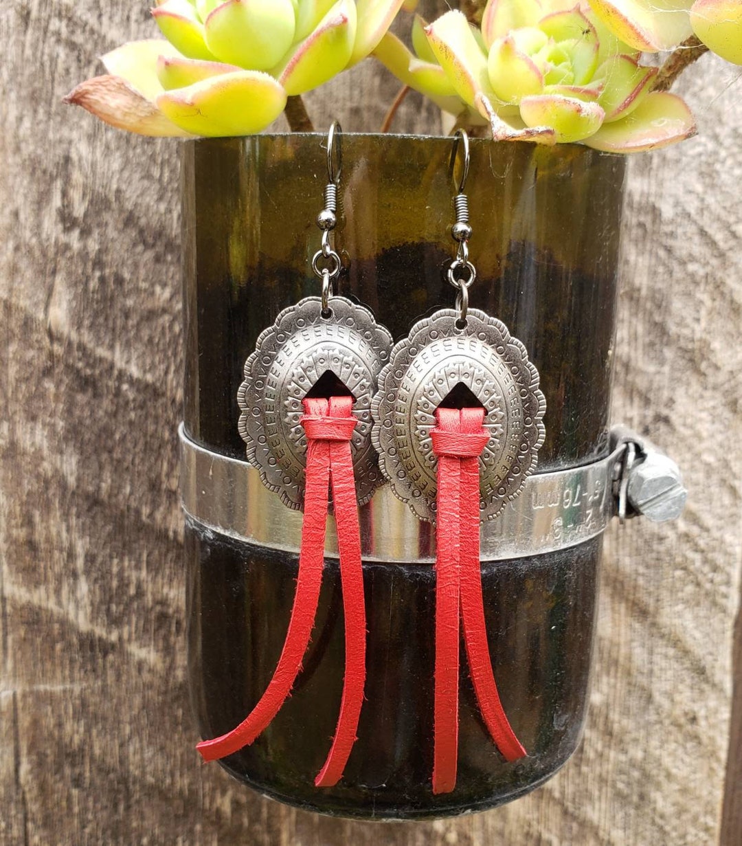 Concho Western Leather Fringe Earrings, Country Gypsy Boho Jewelry, Red ...