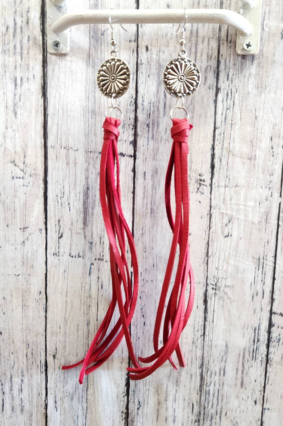 Western Concho Long Leather Fringe Earrings, Soft Red Leather Tassel ...