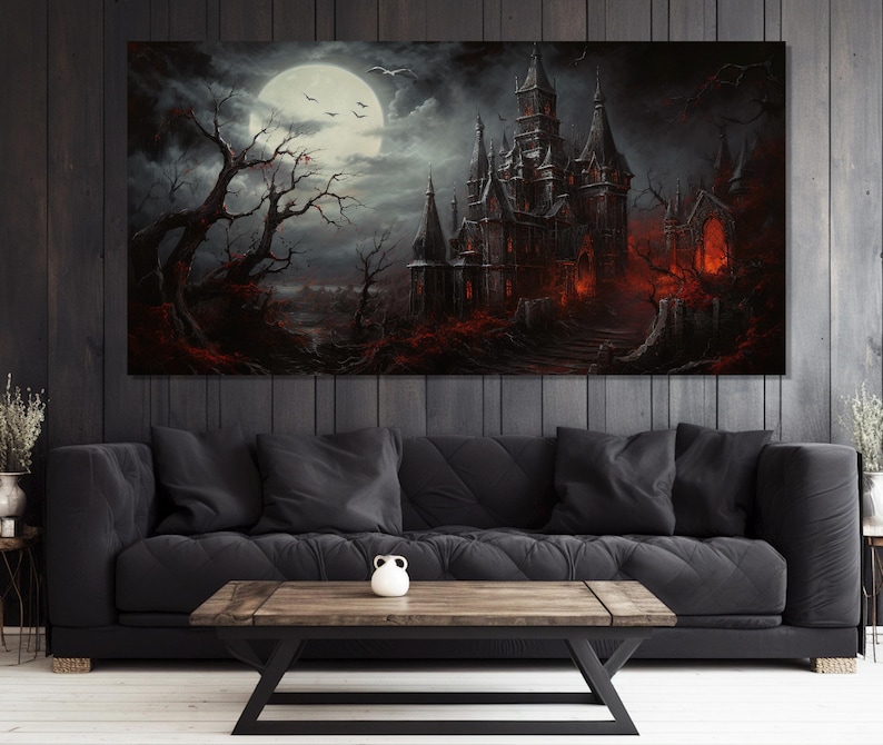 Mystical Full Moon Over Gothic Vampire Castle Painting Printed on ...
