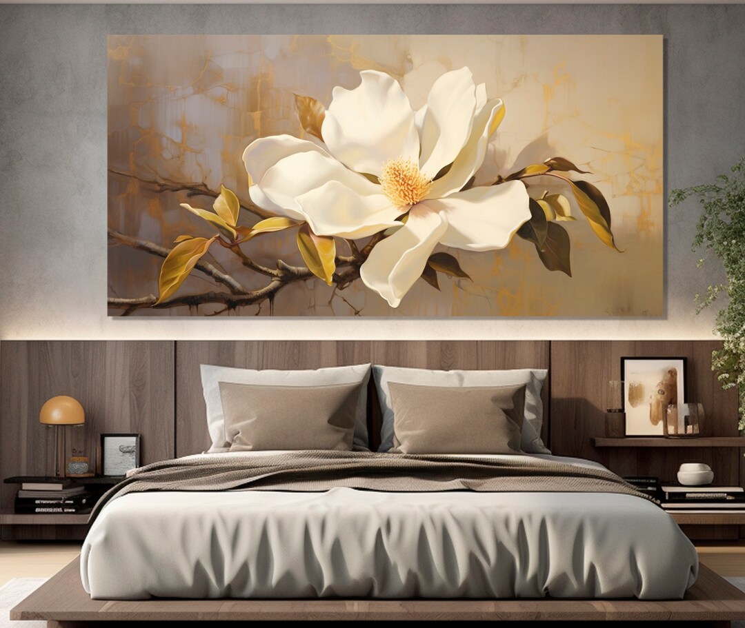 Abstract Magnolia Flower on a Golden Background Painting Printed on ...