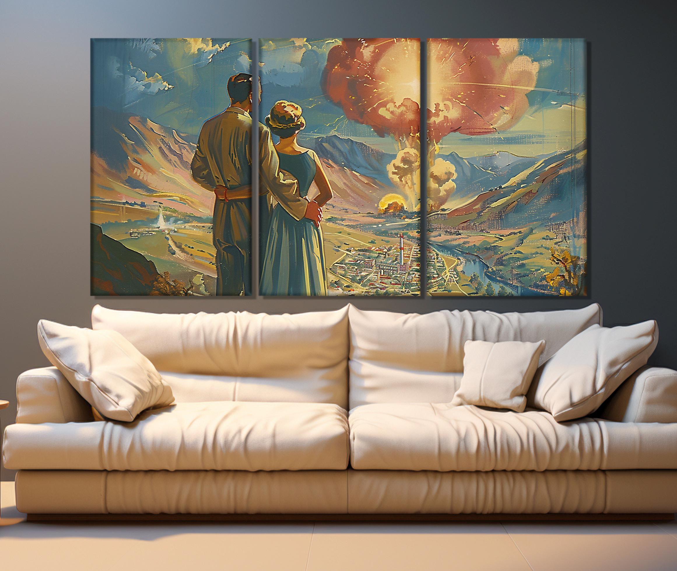 Couple Watching End of the World Retro Poster, Nuclear Explosion Canvas ...