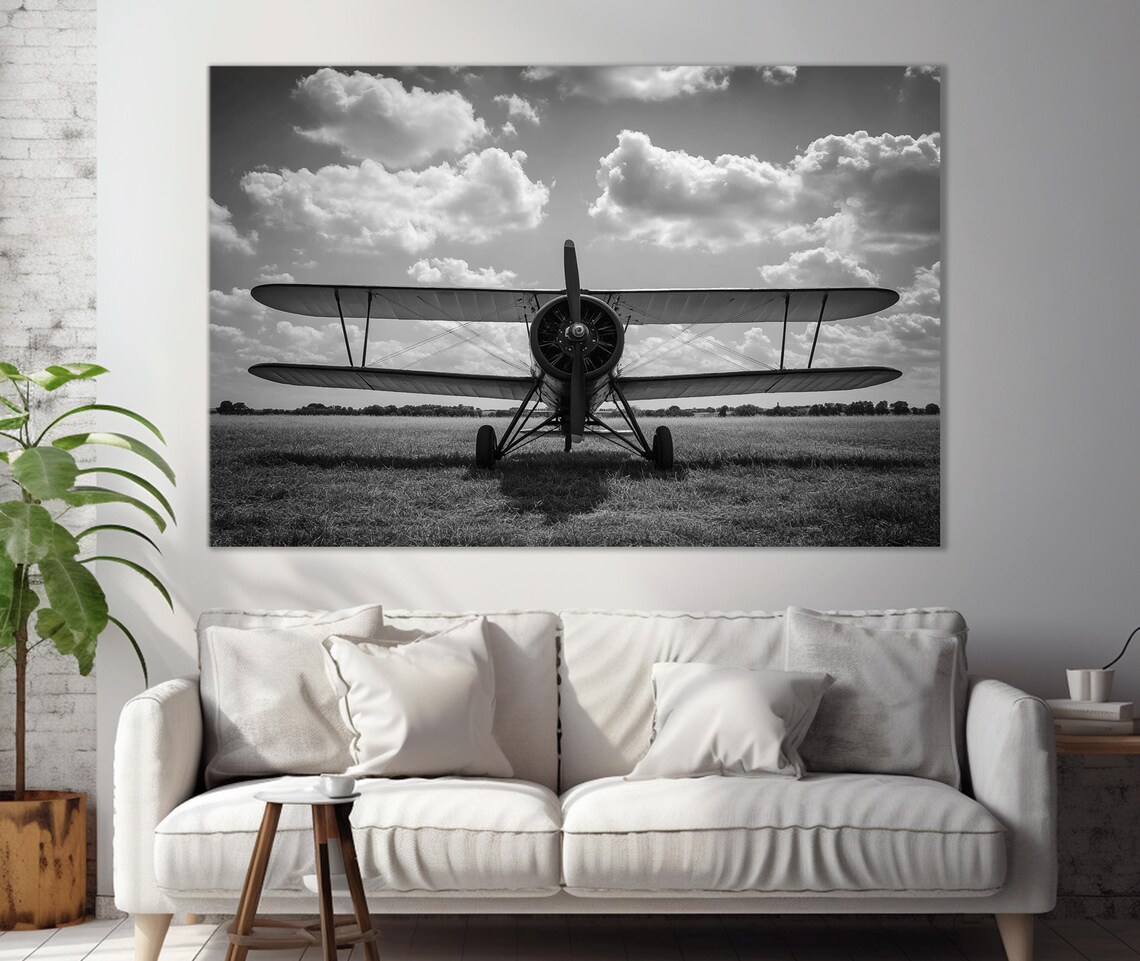 Black and White Biplane Canvas Print, Vintage Aircraft Poster, Canvas ...