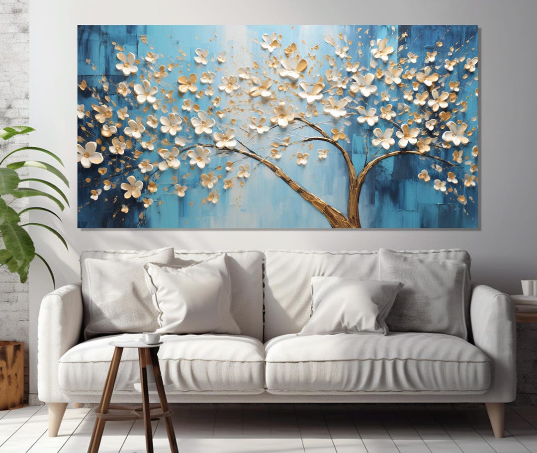 Soft White Gold Blossom Tree Painting Printed on Canvas, Blue Tree ...