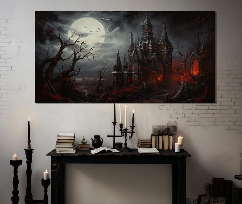 Mystical Full Moon Over Gothic Vampire Castle Painting Printed on ...