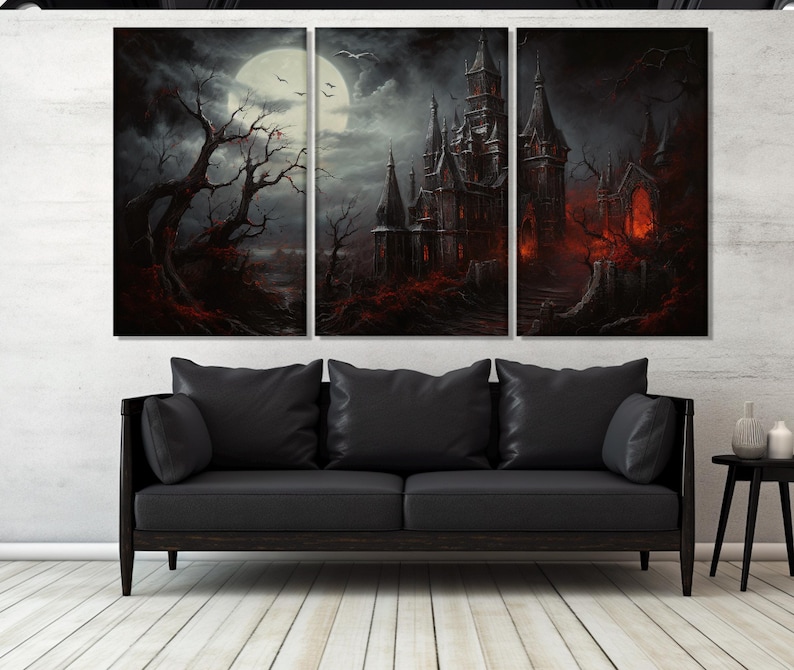 Mystical Full Moon Over Gothic Vampire Castle Painting Printed on ...