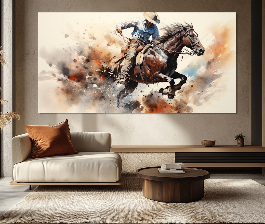 Rodeo Wall Art, Cowboy on Bucking Horse Painting Printed on Canvas ...