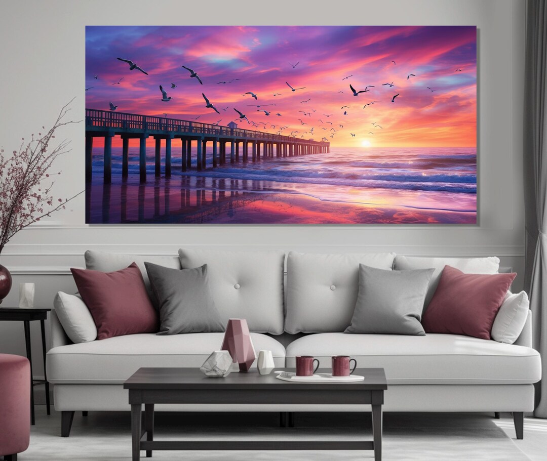 Scenic Beach Pier Pink Sunset With Birds Over Sea Painting Printed on ...
