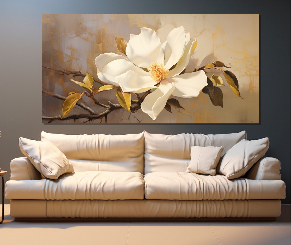 Abstract Magnolia Flower on a Golden Background Painting Printed on ...
