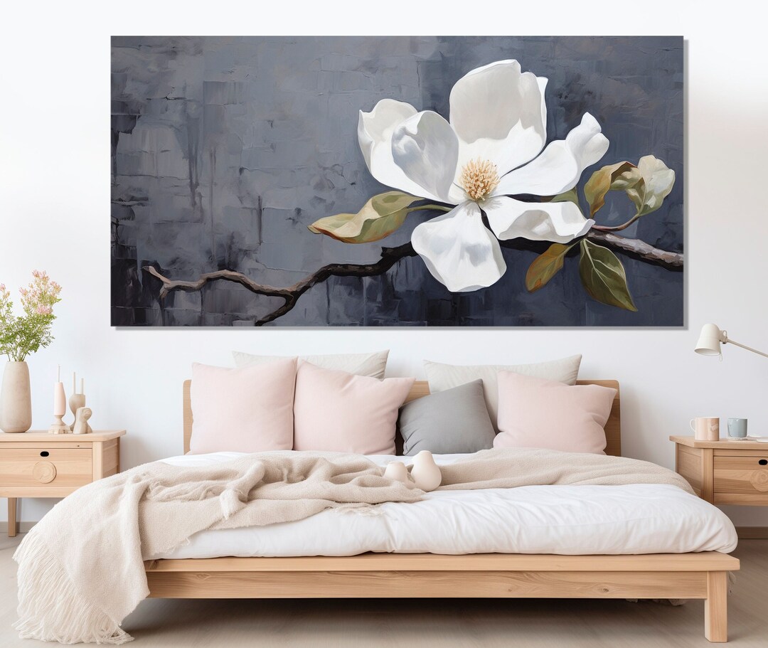 White Magnolia Flower on a Stone Background Painting Printed on Canvas ...