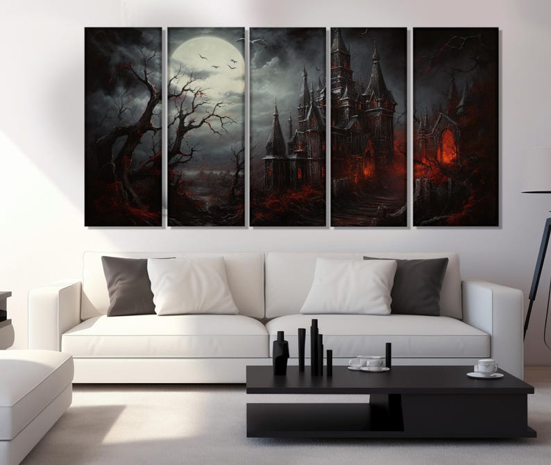 Mystical Full Moon Over Gothic Vampire Castle Painting Printed on ...