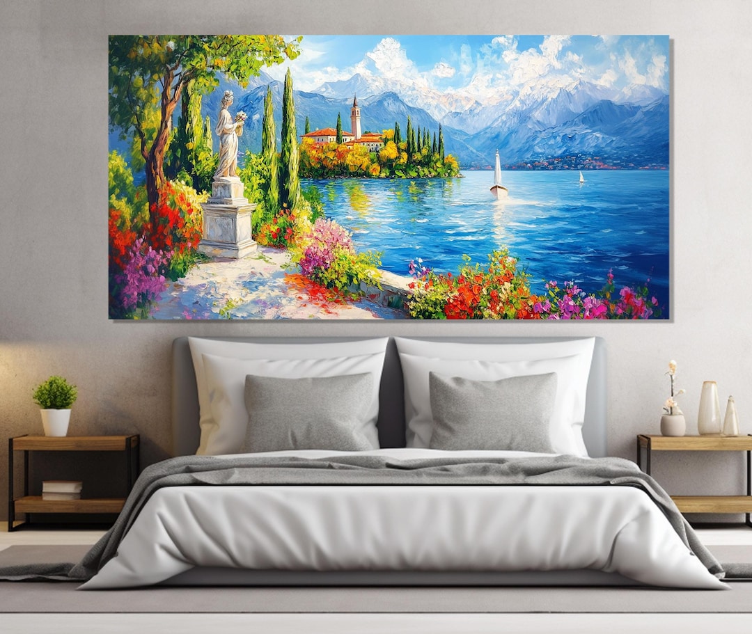 Lake Como Landscape Painting Printed on Canvas, Scenic Lake Como Canvas ...