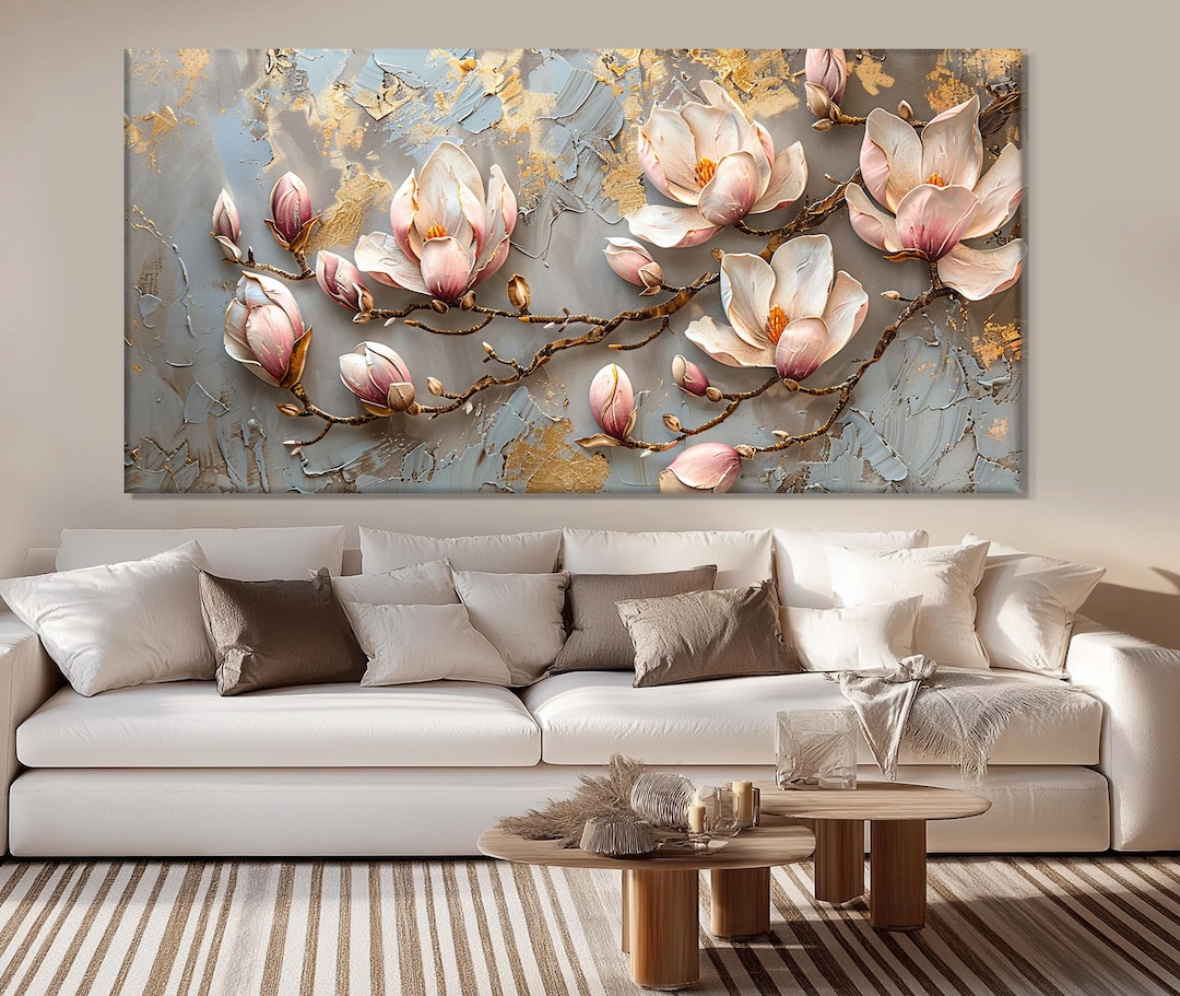 Soft Pink Magnolia Blooming Painting Printed on Canvas, Luxury Bedroom ...